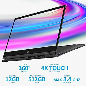 Auusda Laptop Computer Touchscreen 2 in 1 Convertible with 12GB DDR5 512GB NVMe, Intel N95 Up to 3.40 GHz, 14.1" 3840×2160 IPS LCD, BK, Fingerprint Unlock, Cooling Fan, USB-C, USB-A, Windows 11 Pro