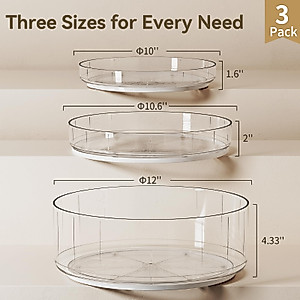 LAMU 3 Pack Lazy Suan Tunrntable Organizer for Cabinet Refrigerator 10''/10.6''/12'' with Raised Edge Rotating Spice Rack for Fridge Kitchen Pantry Organizers and Storage, Countertop, Bathroom, Clear