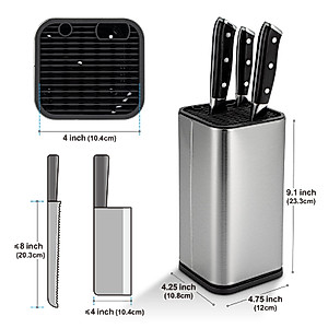 Sumteene Universal Knife Block, Knife Holder without Knives, Stainless Steel Knife Storage Block for 3.5" to 8" Knives, with Slots for Scissors and Sharpening Rod,for Kitchen Counter