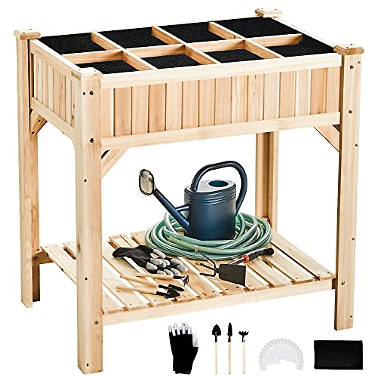 AMERLIFE Raised Garden Bed with Legs 36.3x36.3x24 Inch Herb Planter with Divider Liner Flower Herb Wood Planter with Storage Shelves for Backyard Patio Extra Gloves 3 Tools 8 Grow Area 20 T-Tag