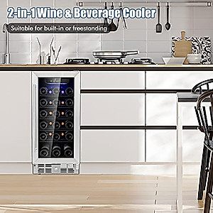LDAILY 15” Wine & Beverage Cooler, Built-in/Freestanding Wine Refrigerator w/Temperature Memory, Dual-Layer Tempered Glass Door, Lock & Keys, Under Counter Mini Fridge for Soda, Beer, Wine, Bar