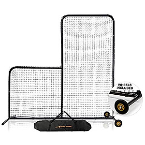 L Screen Baseball Pitching Net for Batting Cage | Pitching Screen with Wheels-7 feet by 7 feet, 3.5 Inch by 3.5 Inch Cutout, Body Protector for Back Drive Lines Beisbol