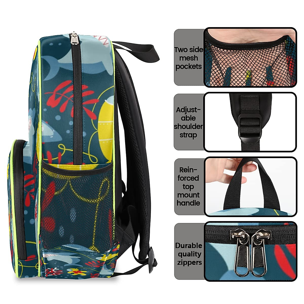 Shark Backpack for Boys, Ocean Kids Backpack, Shark Diver Submarine Coral Toddler Backpack Waterproof Casual Daypack Preschool Kindergarten Backpack School Bookbag with Chest Strap for School Travel