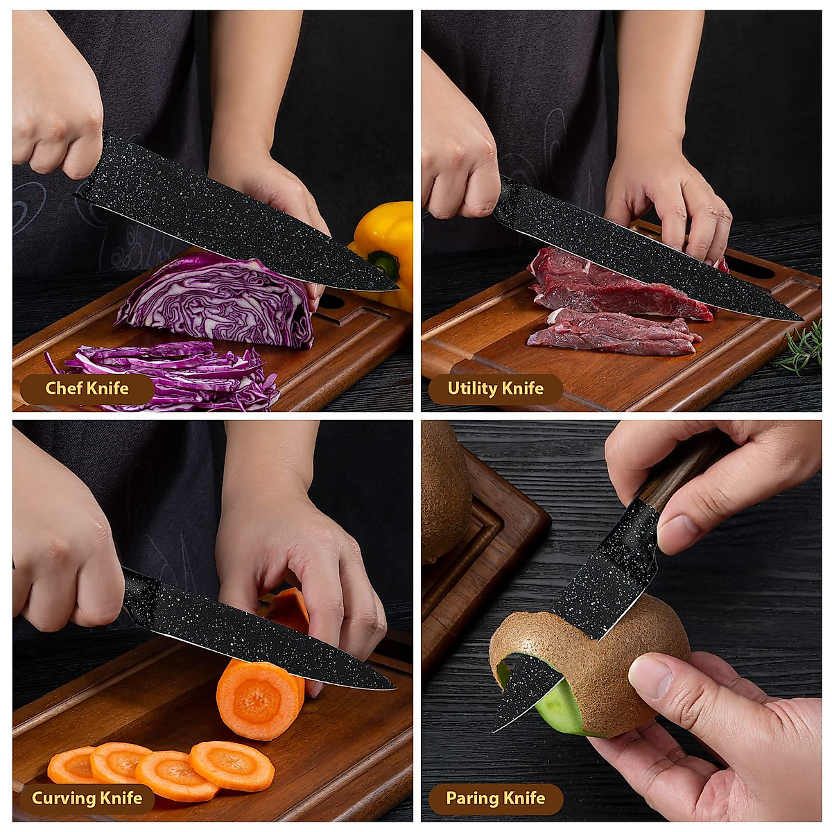 Knife Set, 6Pcs Kitchen Knife Set with Block, Professional Chef Knife Sets with Carving Paring Bread Knife High Carbon Stainless Steel Knife Set with Japanese Designed Wood Grain Pattern Handle