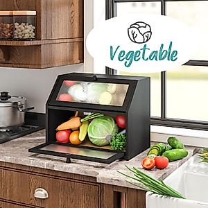 Vriccc Black Bread Box for Kitchen Counter, Large Bamboo Wood Double Layer Bread Box, Wooden Bread Storage Capacity