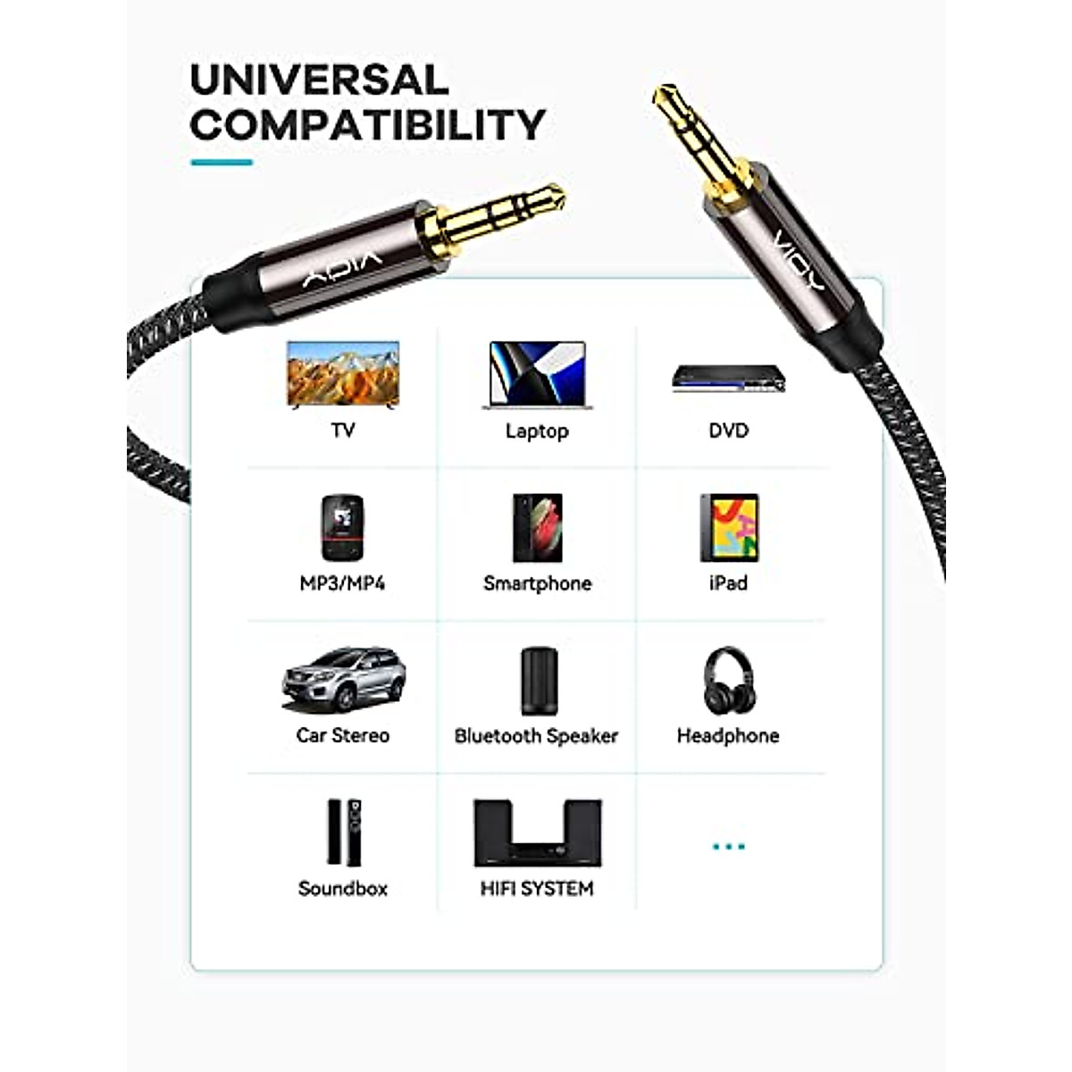 VIOY Aux Cable (15ft), [Copper Shell, Hi-Fi Sound] 3.5mm Male to Male Braided Auxiliary Cord Compatible with Headphone, Smartphone, Home/Car Stereo, Speaker, Echo & More……