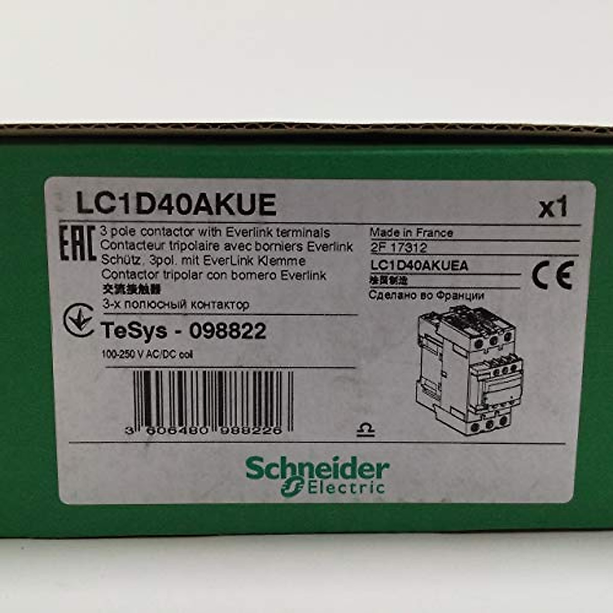 SCHNEIDER ELECTRIC LC1D40AKUE IEC Magnetic Contactor,3 Poles