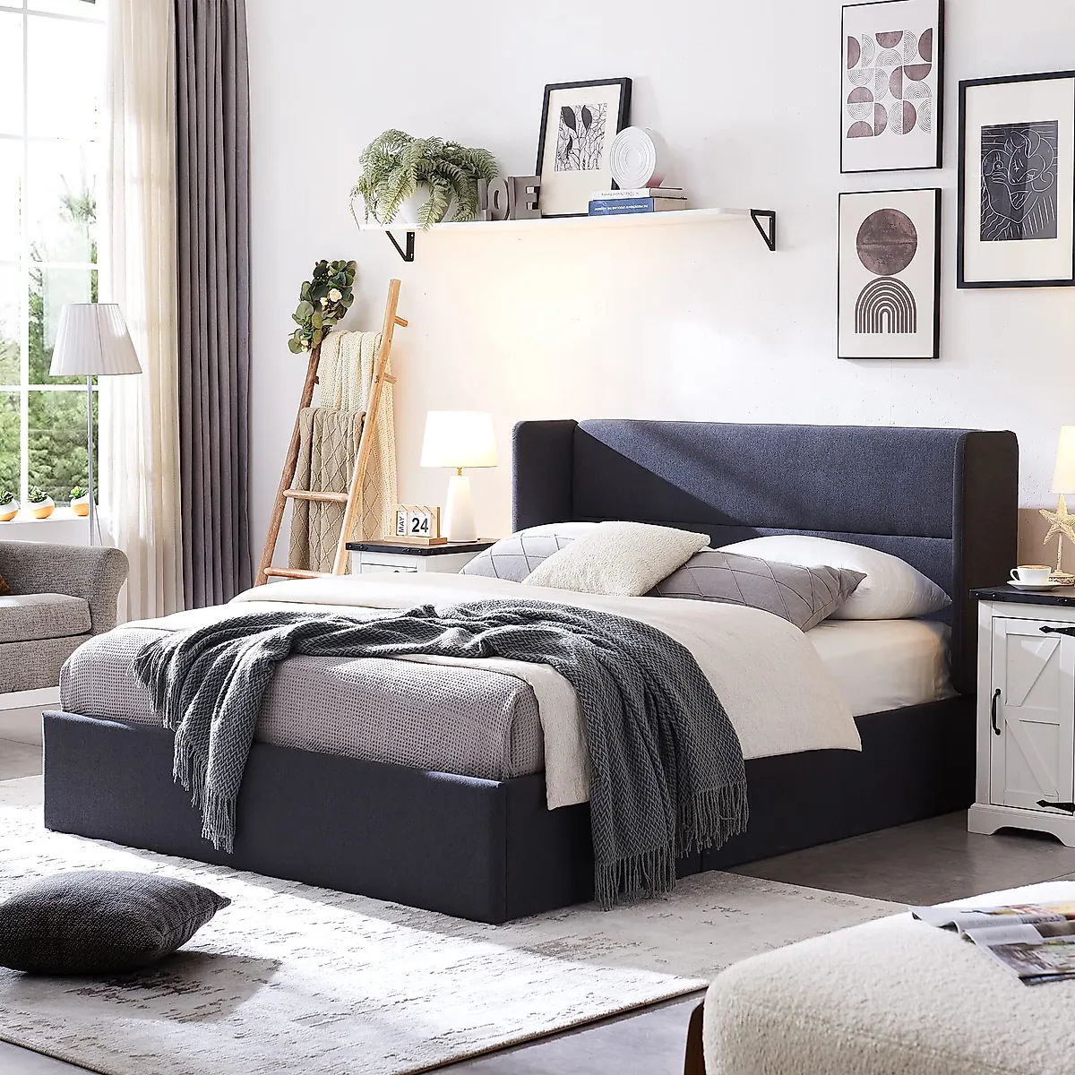 Zanmintaobo Queen Bed Frame with Storage, Upholstered Platform Bed with Lift up Hydraulic System, Linen Fabric Wingback Headboard, Wood Slats Support, Easy Assembly, No Box Spring Needed, Dark Grey