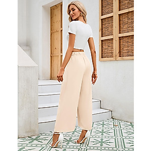 KOJOOIN Women High Waisted Wide Leg Palazzo Pants, Flowy Pants for Women Loose Fit Elastic Waist Pleated Trousers Comfy Elegant Business Casual Straight Leg Dress Pants Beige XL