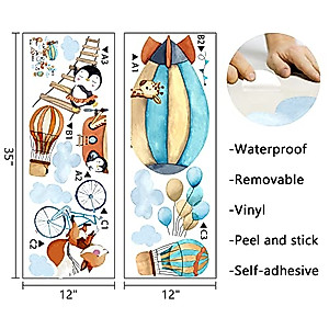 Mfault Baby Hot Air Balloon Animals Wall Decals Stickers, Penguin Giraffe Fox Bike Nursery Decorations Boy Girl Bedroom Playroom Art, Neutral Toddlers Kids Room Decor Gifts