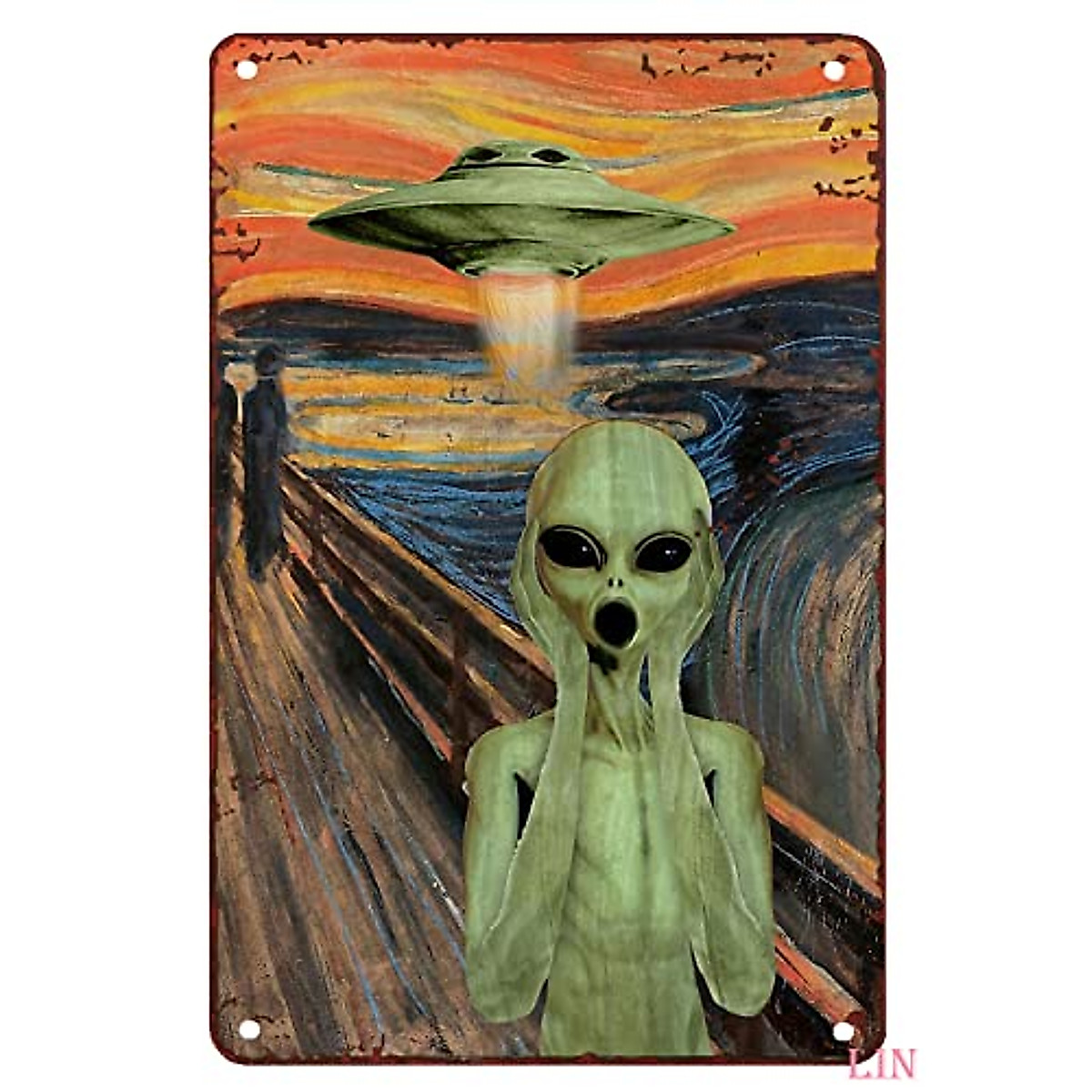 UFO Home Decor UFO Alien Screaming Tin Sign Chic Art Wall Metal Decorations Funny Iron Plaque Signs Gift for Room Bar Office 8x12 inch