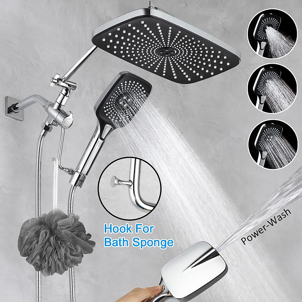 CyberWater 12 Inch Shower Head with Handheld Spray Chrome Built-in Power Wash Mode 3-way Diverter with Pause Setting, Adjustable Extension Shower Arm, 71 Inches Stainless Steel Hose