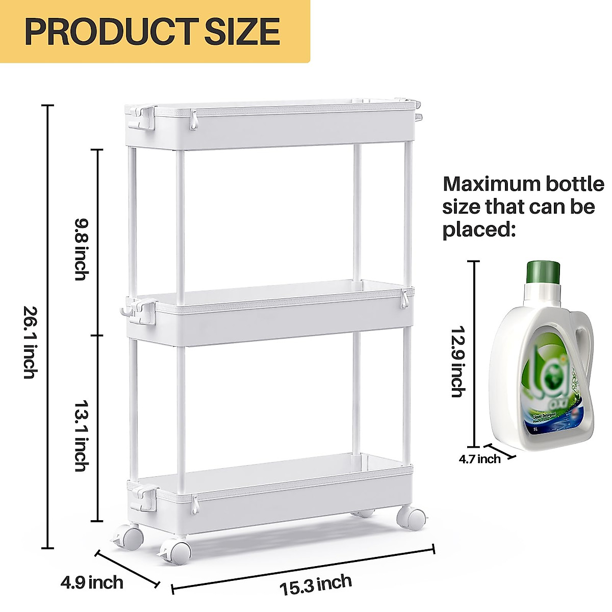SPACEKEEPER Slim Rolling Storage Cart, Laundry Room Organization, 3 Tier Mobile Shelving Unit Bathroom Organizer Storage Rolling Utility Cart for Kitchen Bathroom Laundry Narrow Places(White)