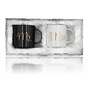 Cheardia 12 oz Mr and Mrs Mugs, Ceramic Coffee Mug Set Engagement Gifts for Couples, His and Hers Mugs for Bride and Groom, Anniversary, Valentines, Bridal Shower, Wedding, Black & White