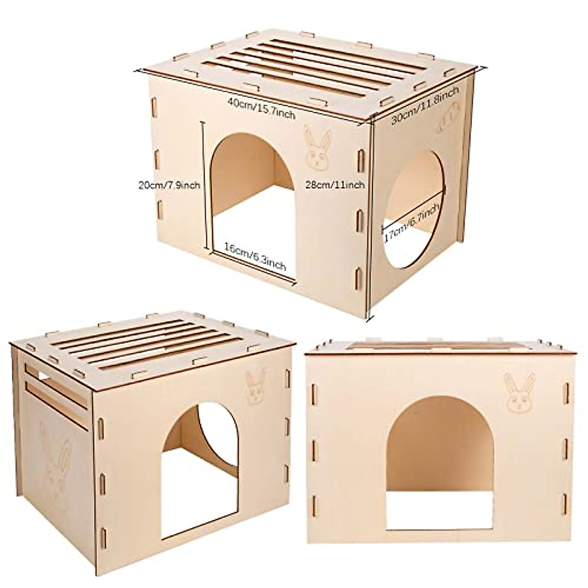 Woiworco Wooden Rabbit Hideout, Rabbit Houses and Hideouts, Wooden Rabbit Castle Bunny Hideout for Indoor Bunnies Chinchilla, Hamsters and Guinea Pigs Hut to Hide