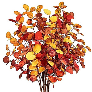 6 Pcs Fall Artificial Eucalyptus Stems Home Decor 32''/80cm Tall Fall Flowers Eucalyptus Leaves Berry Pumpkins for Autumn Thanksgiving Floral Arrangement Wedding Farmhouse Decorations Indoor Outdoor