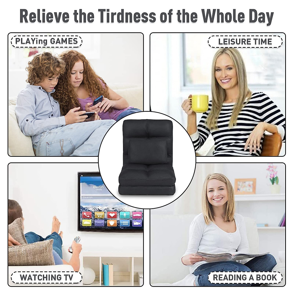 Urnodel Indoor Chaise Lounge Sofa, Floor Chair with Back Support for Adults, 14 Angle Adjustment Recliner Chair, Folding Floor Lounger with Pillow 8823(Grey)