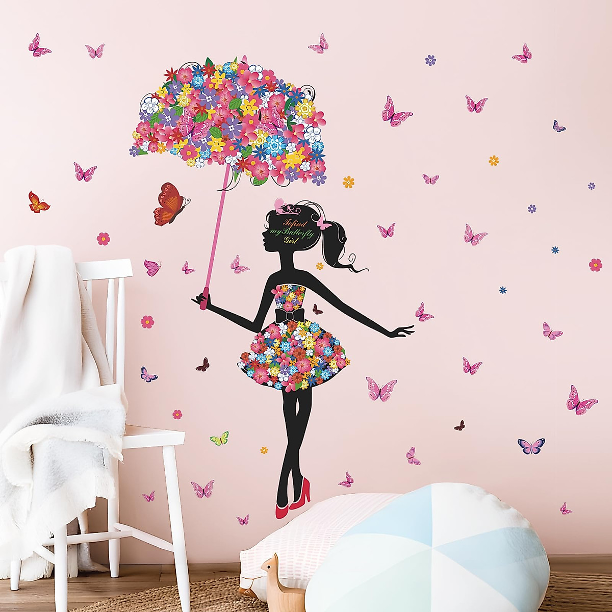Supzone Flower Fairy Wall Decal Girl with Umbrella Wall Sticker Colorful Butterfly Floral Wall Decor DIY Vinyl Mural Art for Girls Baby Nursery Bedroom Living Room Playroom