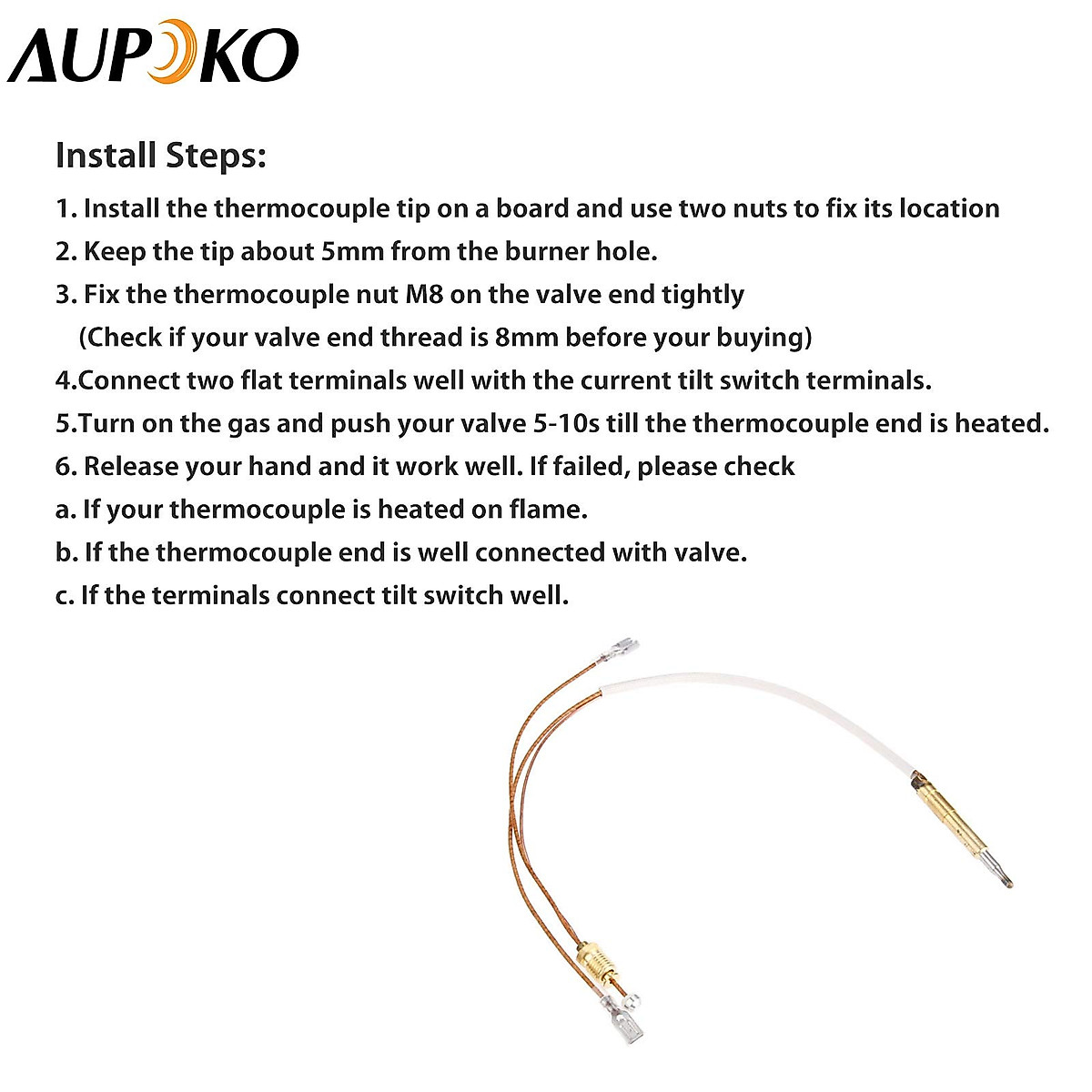 Aupoko Universal Thermocouple Patio Heater Parts, 350 mm Outdoor Heater Replacement Parts M8 x 1 End Connection Nuts Thermocouple 0.4 Meters Length M6 x 0.75 Head Thread 4.8 mm/ 0.19'' Flat Terminal