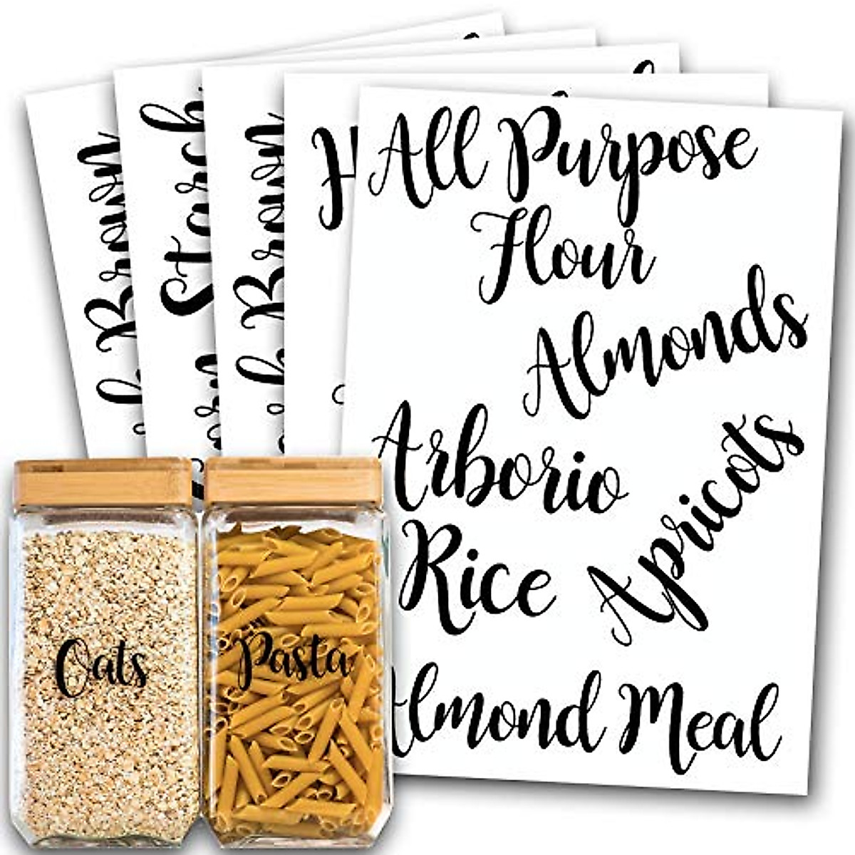 106 Pantry Labels Stickers by 7 Ruby Road for Kitchen Organization and Storage. Clear Water Resistant, Farmhouse Cursive Script for Food Canisters, Containers, Mason Jars for flour, sugar, coffee