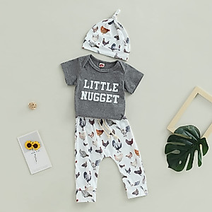 Kayotuas Newborn Baby Boy Girl Clothes Cow Print Romper Bodysuit and Pants with Hat/Headband 3Pcs Western Coming Home Outfits (Little Nugget Chicken Grey, 3-6 Months)