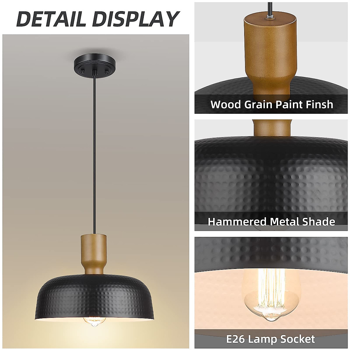 Darkaway Industrial Pendant Light Fixtures Ceiling Hanging with Hammered Metal Shade, Black Pendant Light for Kitchen Island Lighting Hanging Lamp Adjustable Height, Medium 2 Pack