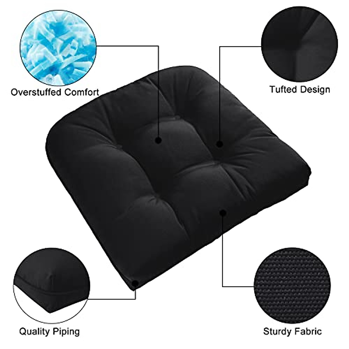 LOVTEX Indoor/Outdoor Tufted Seat Cushions for Patio Furniture Set of 2 Waterproof, 19x19 Black Outdoor Chair Cushions - Overstuffed Patio Furniture Cushions for Wicker Chair with Round Corner