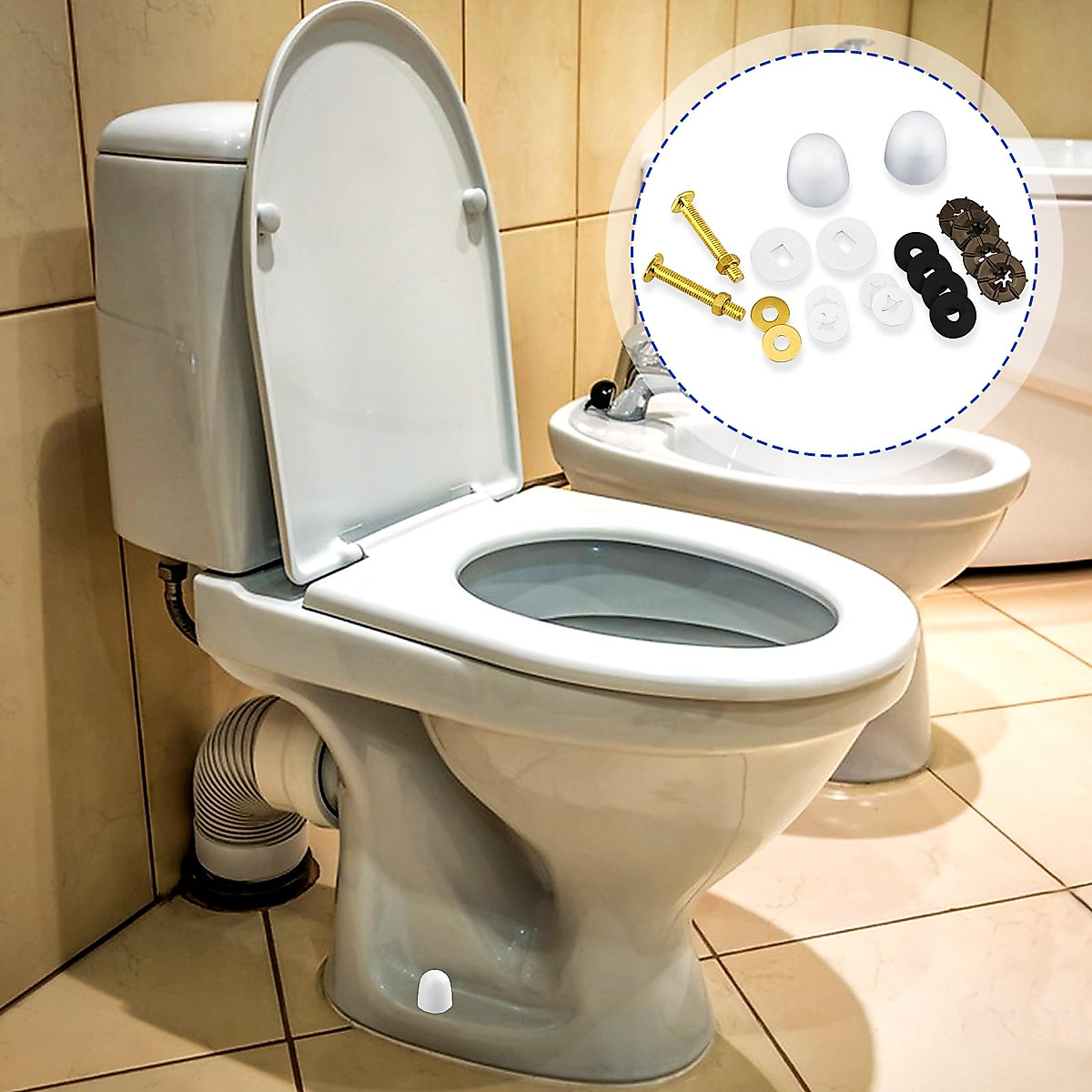 Toilet Floor Bolts and Caps Kit, Universal Toilet Flange Repair Kit Solid Brass Toilet Fixing Bolts and Nuts Set American Standard Toilet Parts Including Toilet Bolt Caps Closet Bolts and Washers