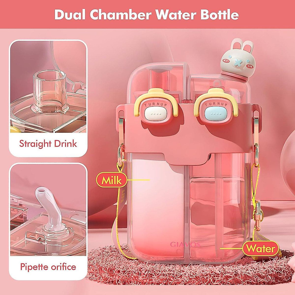 HiGropcore Kawaii Water Bottle Cute Water Bottles with Straw, Double Chamber Water Bottle with Adjustable Strap and Kawaii 3D Stickers, Portable Leakproof Water Jug, 26oz