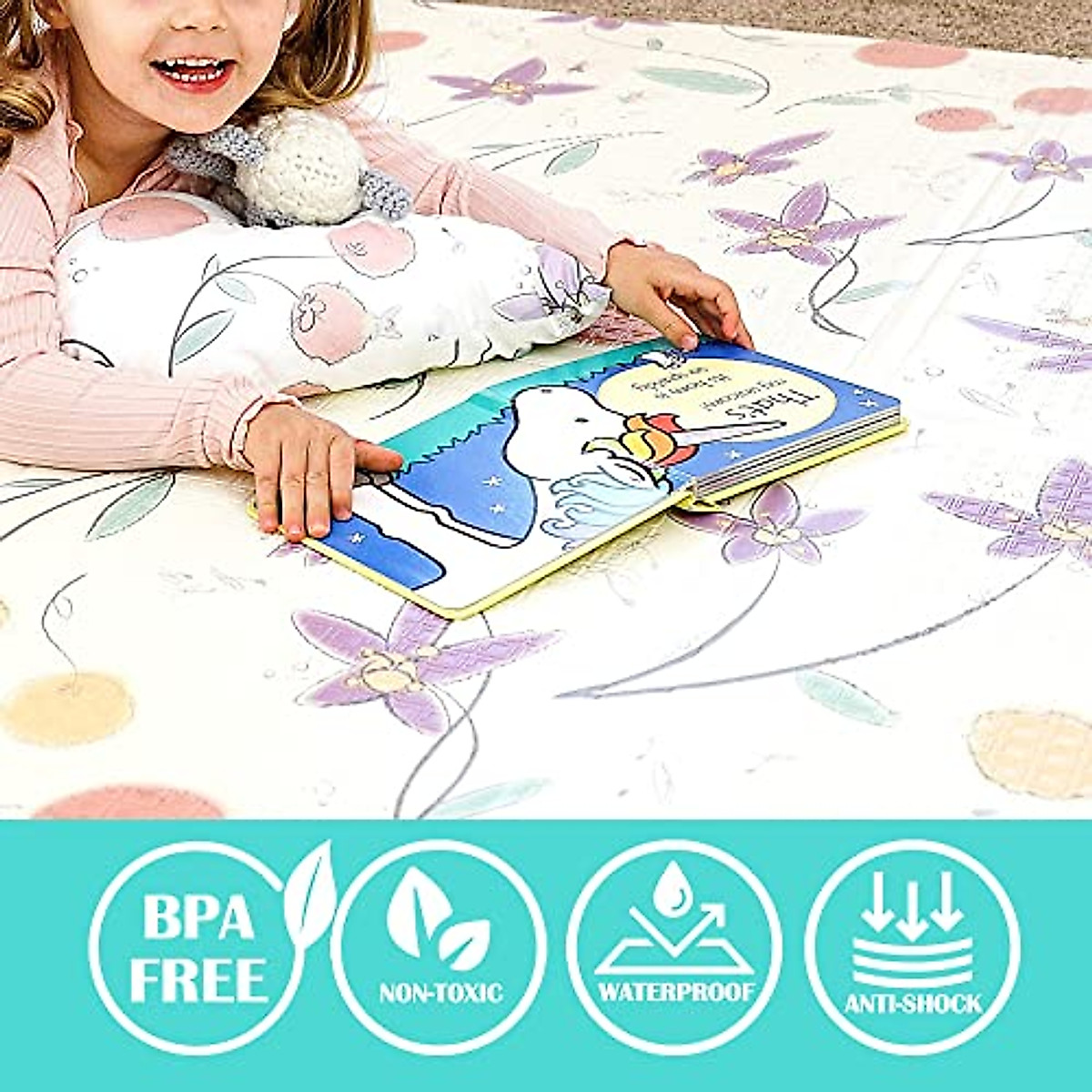 JumpOff Jo - Large Waterproof Foam Padded Play Mat for Infants, Babies, Toddlers, Play Pens & Tummy Time, Foldable Activity Mat, 70 in. x 59 in. - Fairy Blossom