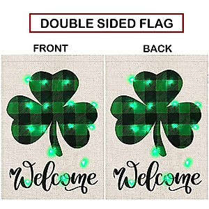 St Patricks Day Garden Flag Shamrock LED Lighted Welcome Buffalo Plaid Yard Outdoor Decoration Vertical Double Sized Burlap Spring Holiday Decor 12.5 x 18 Inch
