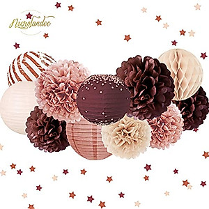 NICROLANDEE 12 PCS Burgundy Rose Gold Paper Lanterns Tissue Pom Poms Party Confetti 50G for Valentine's Day Burgundy Birthday Bridal Shower Women Girls Baby Shower Bachelorette Wedding Magenta Party