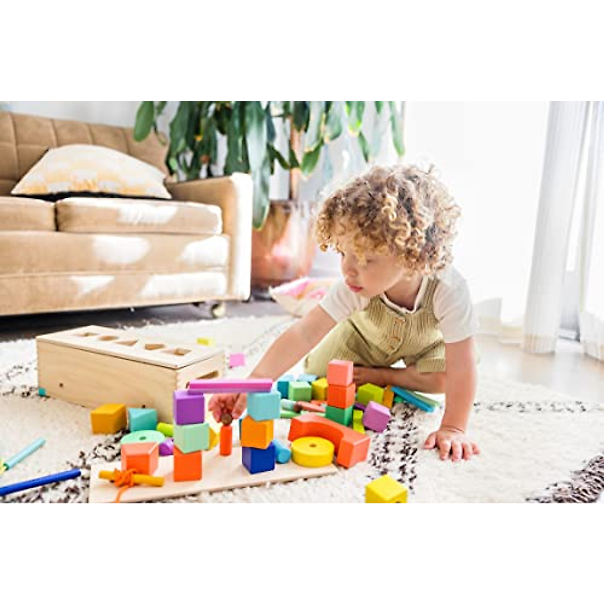 The Block Set by Lovevery – Solid Wood Building Blocks and Shapes + Wooden Storage Box, 70 Pieces, 18 Colors, 20+ Activities