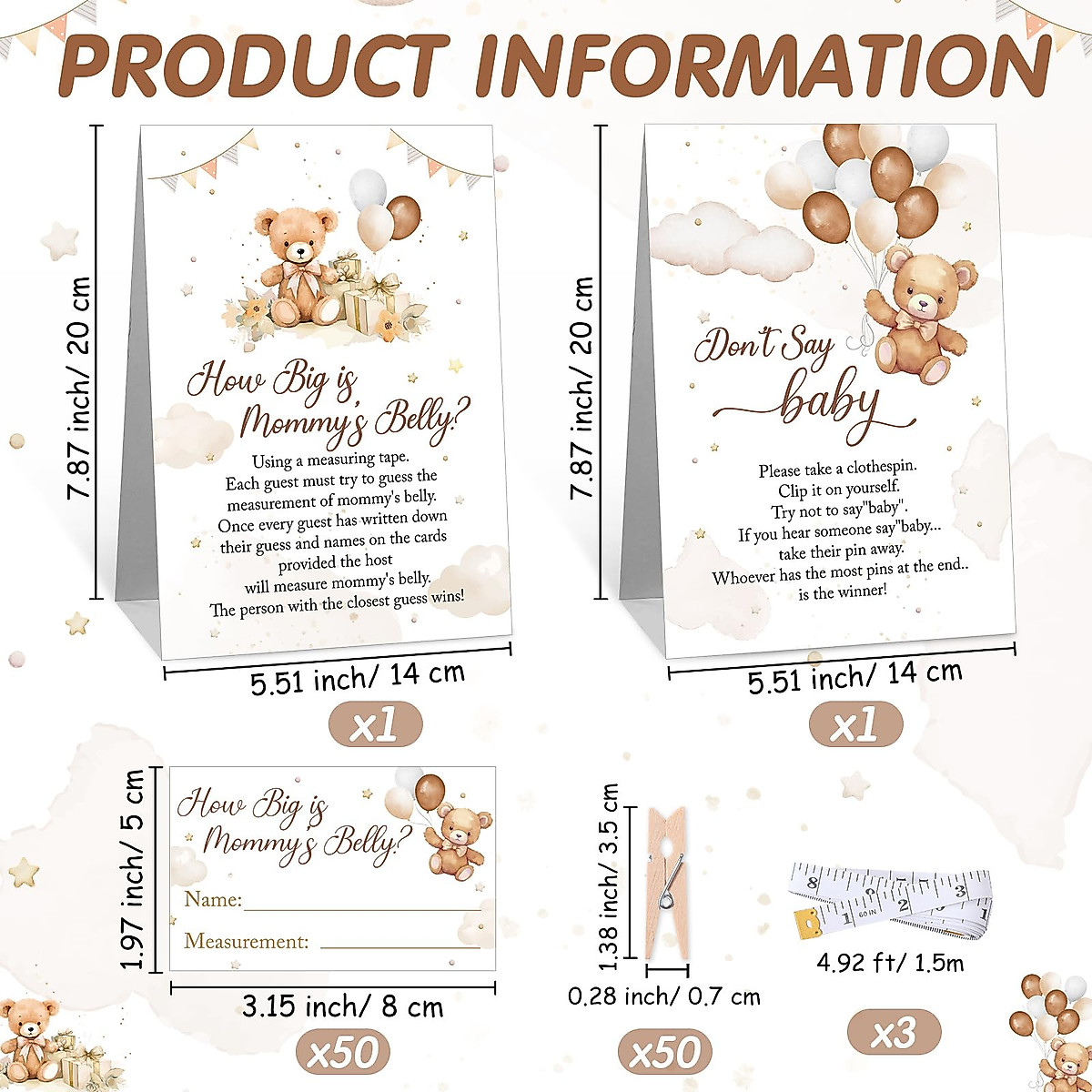 Suzile 105 Pcs Bear Theme Baby Shower Games Include How Big is Mommy's Belly Game Measure Mommy's Belly Sign Don't Say Baby Sign with 50 Mini Clothespins 50 Pcs Guessing Cards 3 Rolls Measuring Tape