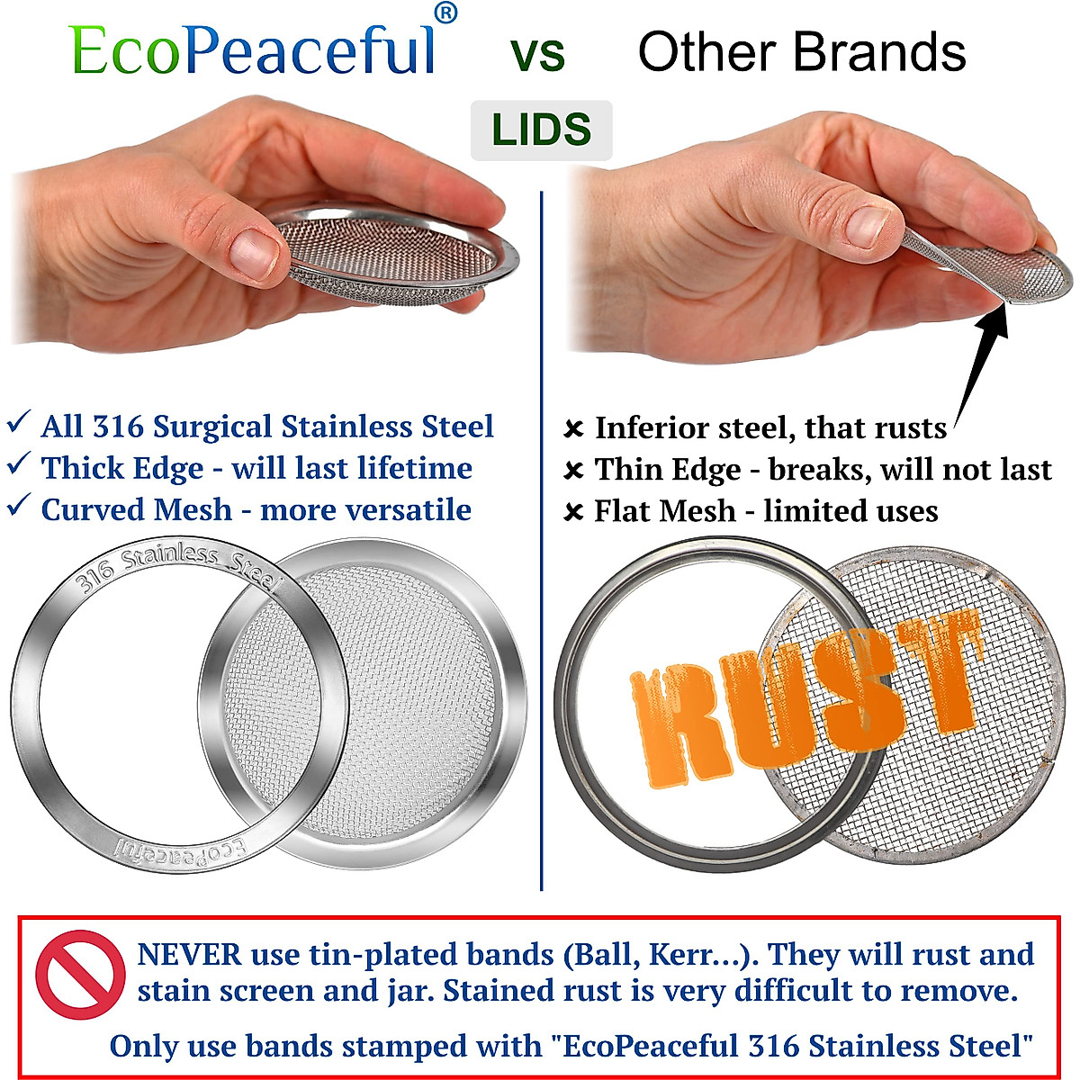 4 Pack (4 Rings, 4 Screens, 4 Inserts) Mason Jar Sprouting Lids - 316 Surgical Stainless Steel Sprouting Lids for Wide Mouth Mason Jars- Curved Strainer Lids, Silicone Inserts - Rust-Proof, BPA-free