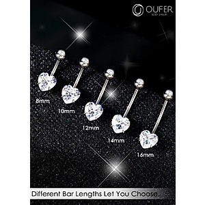 OUFER 14G Belly Rings, Long Belly Button Rings, G23 Solid Titanium Belly Piercing Jewelry, Heart Shaped Navel Piercing Jewelry, Belly Rings for Women Men-16mm