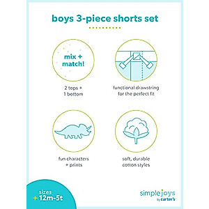 Simple Joys by Carter's Baby Boys' 3-Piece Playwear Set, Coral Orange Elephant/Green Dinosaur/Grey Alligator, 3T