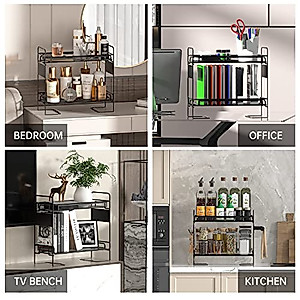 Bathroom Over The Toilet Storage Shelf with Magnetic Hook Set and Toilet Paper Holder, 2-Tier Black Mesh Bracket Shelves, Compact Design