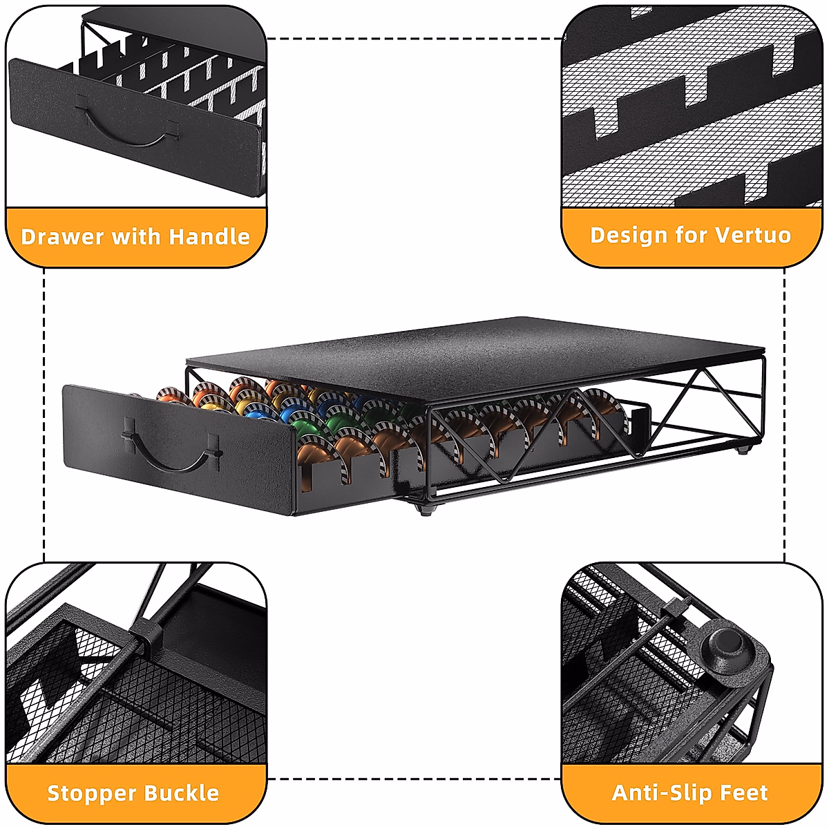 HFHOME Coffee Pod Holder Compatible with 50 VertuoLine, Coffee Capsules Drawer for 40 K Cup, Metal Pod Storage Drawer Organizer for Vertuo Capsules for Home Office Counter
