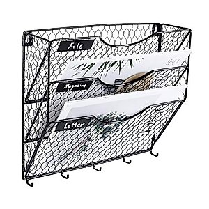 Superbpag Hanging Mail Sorter Organizer 3-Tier Metal Chicken Wire Wall Mount Magazine Literature Rack with Key Holder, Black