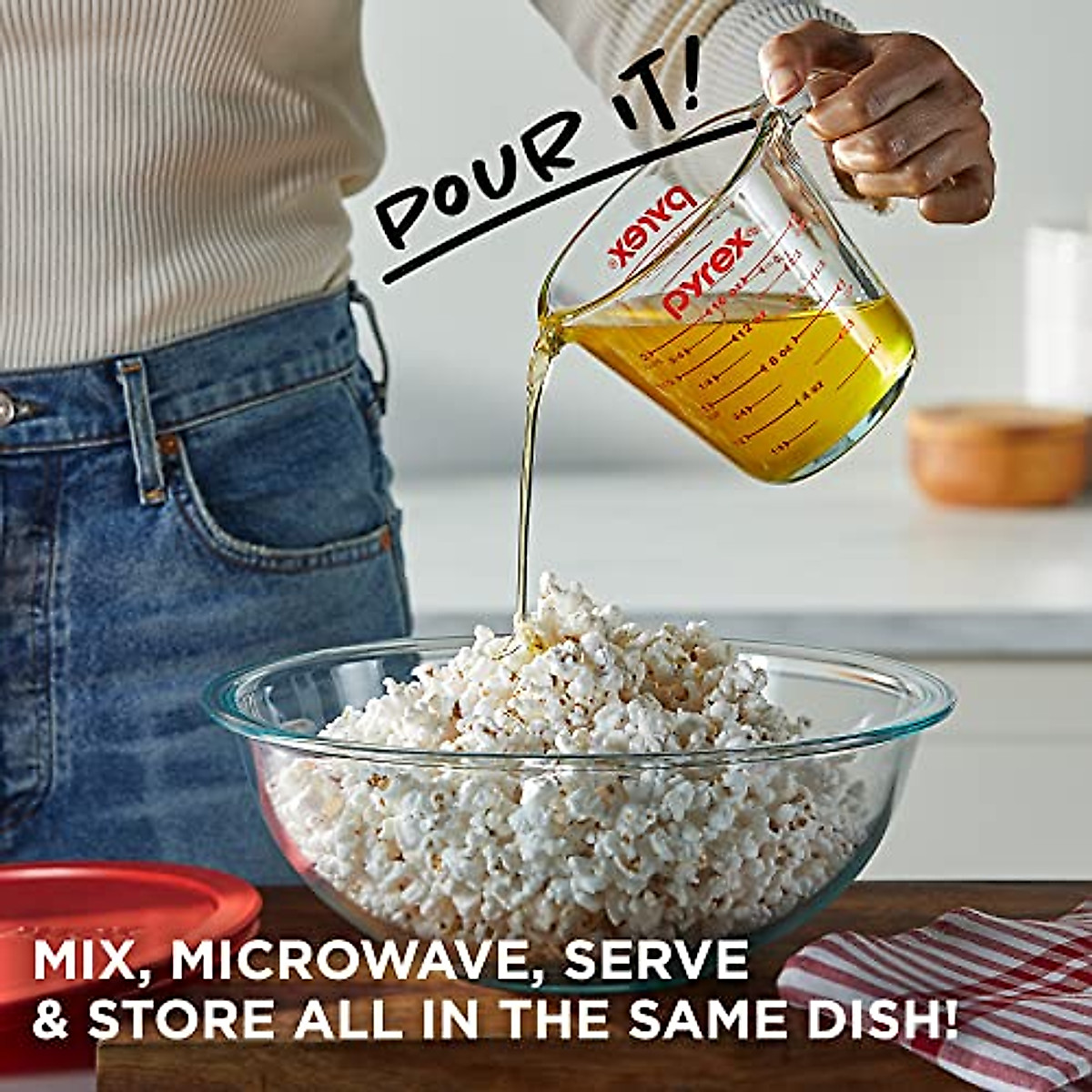 Pyrex Smart Essentials 3-Piece Glass Prep Set, 4-QT Glass Mixing Bowl with lid and 2-Cup Measuring Cup, Dishwasher, Microwave and Freezer Safe, Essential Kitchen Tools