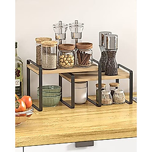 HILINSIE Cabinet Organizer Shelf- Set of 2 Kitchen Counter Shelves, Expandable Spice Racks, Stackable Counter Top Shelf, Engineered Wood and Metal, 7.7 x 11.6 x 14 Inches, Natural and Black