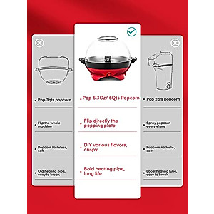 Popcorn Machine, 6 QT Automatic Stirring Popcorn Maker, Electric Hot Oil Popcorn Popper, DIY Flavor，Detachable & Nonstick Plate, Large Lid For Serving Bowl, Free Measuring Cups，Safety ETL Approved (6 QTS)