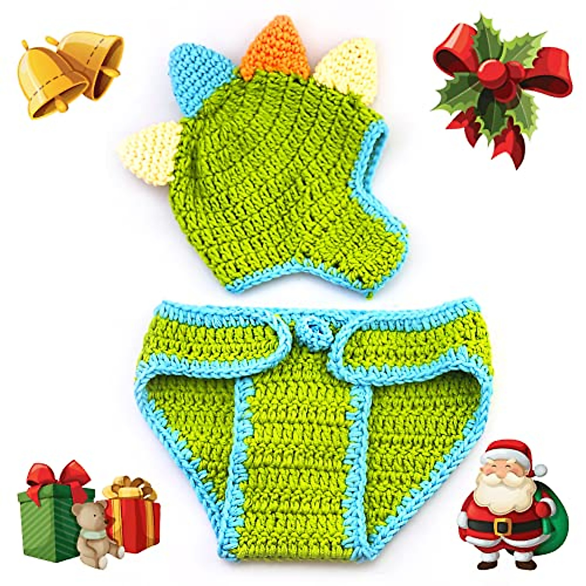 Newborn Green Dinosaur Costume Crochet Knitted Costume Hat Pants Photography Props Costume Set Newborn Photography Prop Dinosaur Christmas（0-12 Months）