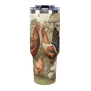 LLUTSNTH 40 Oz Vacuum Tumbler with Violet Handle Leakproof Insulated Tumbler Chickens And Farm Stainless Steel Travel Mug with Lid And Straw Coffee Cup Cute Water Bottles Cup Holder Friendly