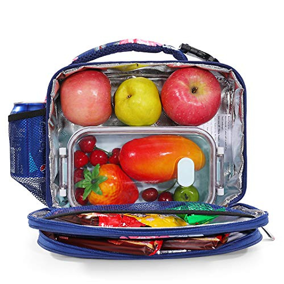 Amersun Kids Lunch Bag, Insulated School Lunch Bag with Padded Liner Keeps Food Warm Cold Longer Time,Thermal Travel Office Lunch Cooler for Teen Girls-2 Pocket,Blue Rose