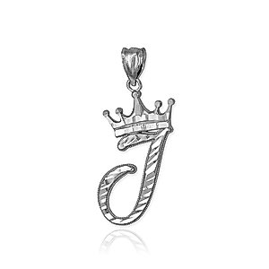 Sterling Silver Letter 'J' Initial Cursive Crown DC Pendant Necklace (Pendant Only), Medium