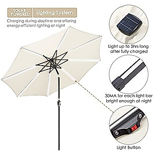Yescom 10ft Solar LED Lighted Patio Umbrella with Tilt and Crank 8 Ribs Outdoor Market Umbrella for Table Garden Canvas Natural White