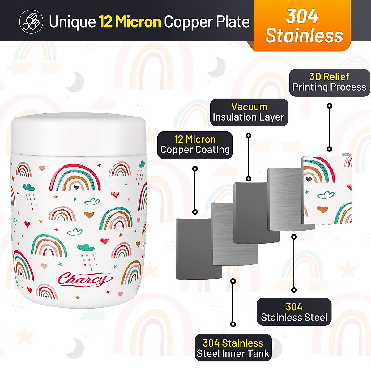 Charcy 9oz Stainless Steel Vacuum Insulated Kids Food Jar - Soup Thermo for Hot & Cold Food - White Rainbow