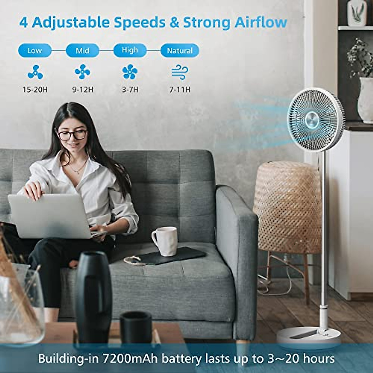 CooCoCo 10" Foldable Portable Fan, 7200mAh Battery Operated Rechargeable Fan, Height Adjustable Oscillating Fan with Remote Control Standing Fan for Bedroom,Cordless Quiet Travel Fan, Home, Office
